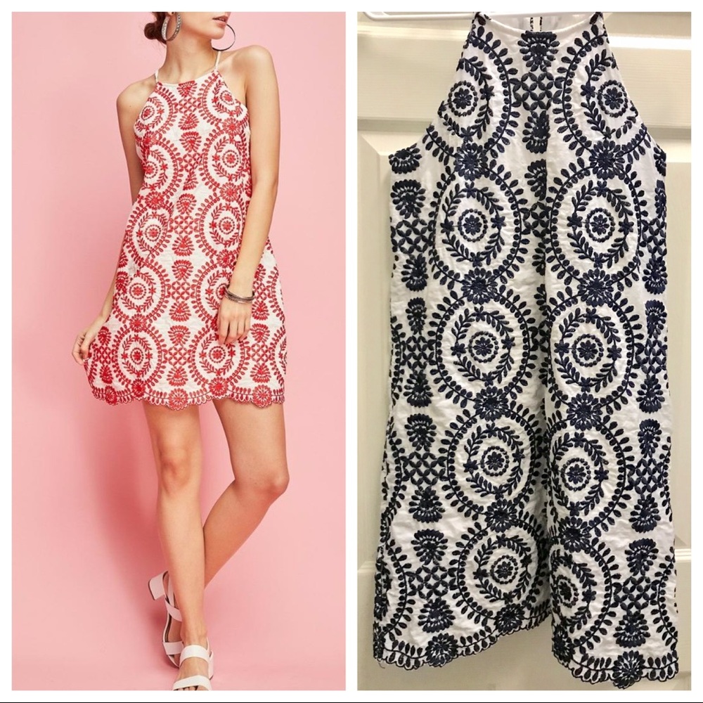 Entro Embroidered Dress With Scalloped Hem In Blue - Gem